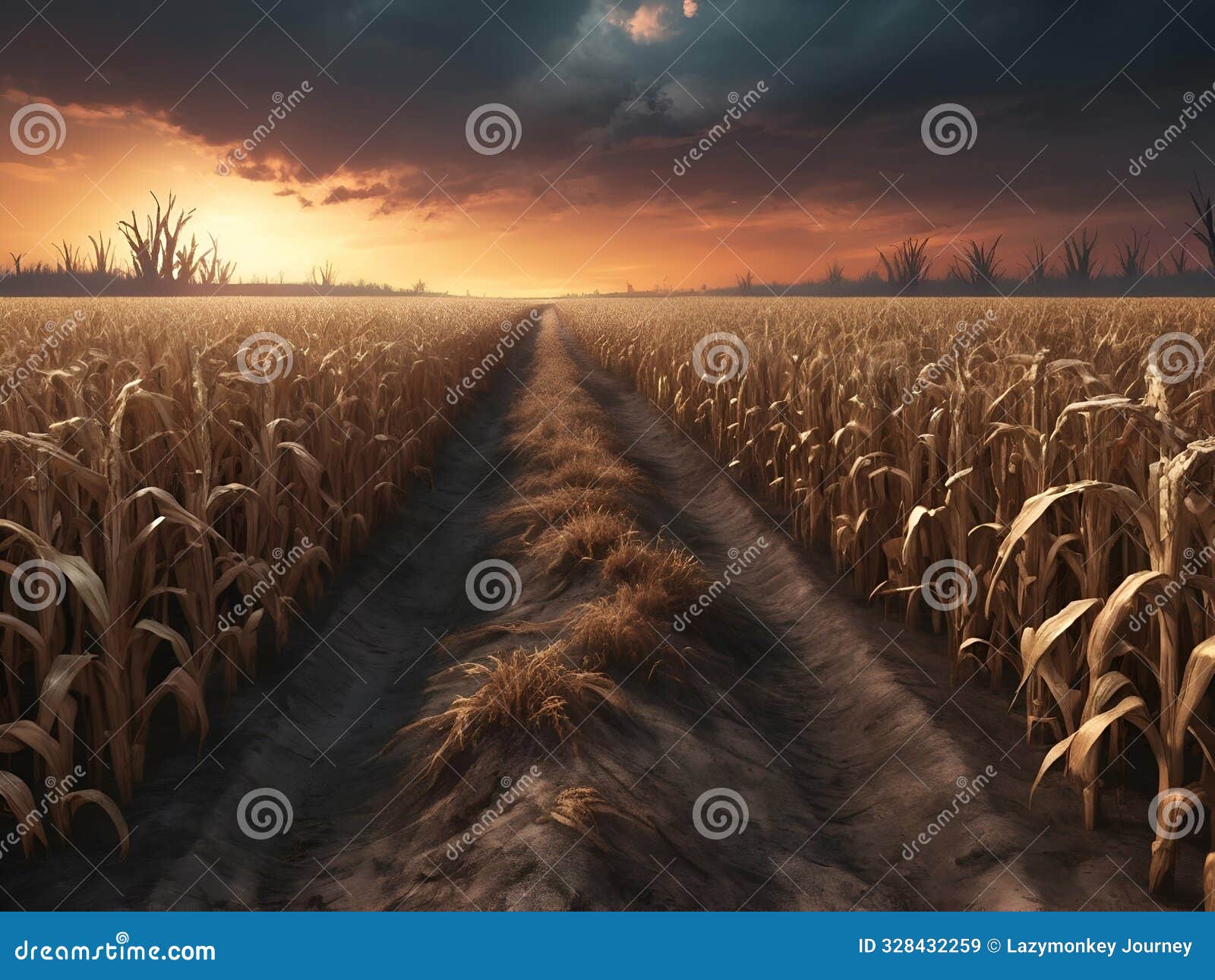 Abstract Horror Glowing Cornfield with Path in Front of Dramatic Sun ...