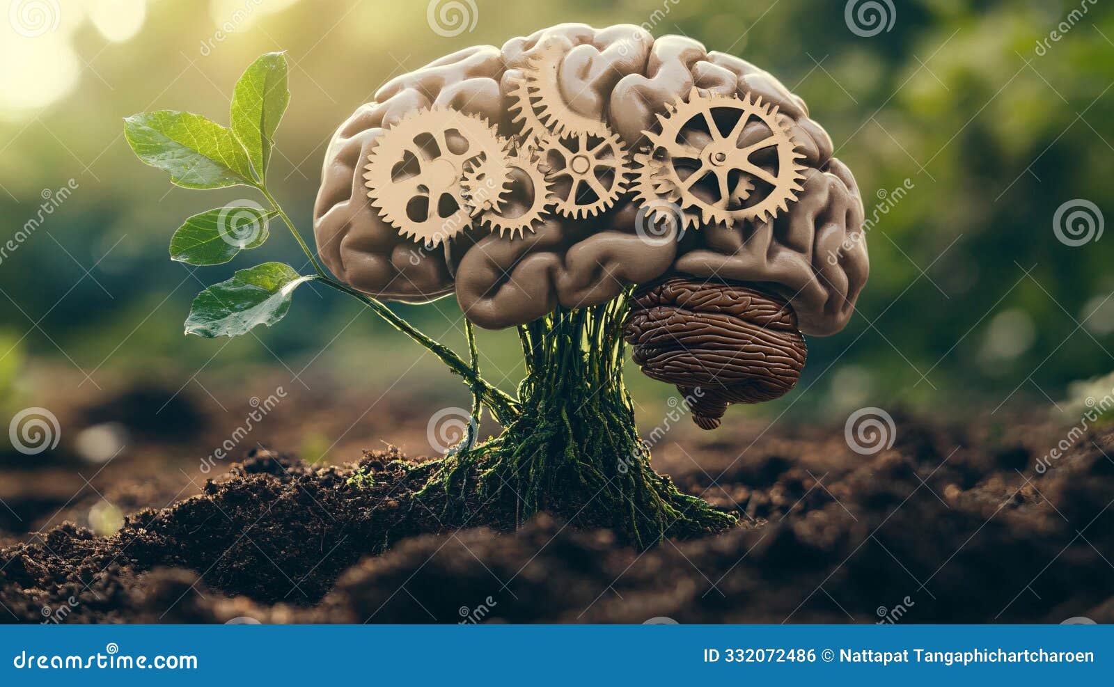 An Abstract Human Brain with Gears and Roots Growing Illustrates Neural ...
