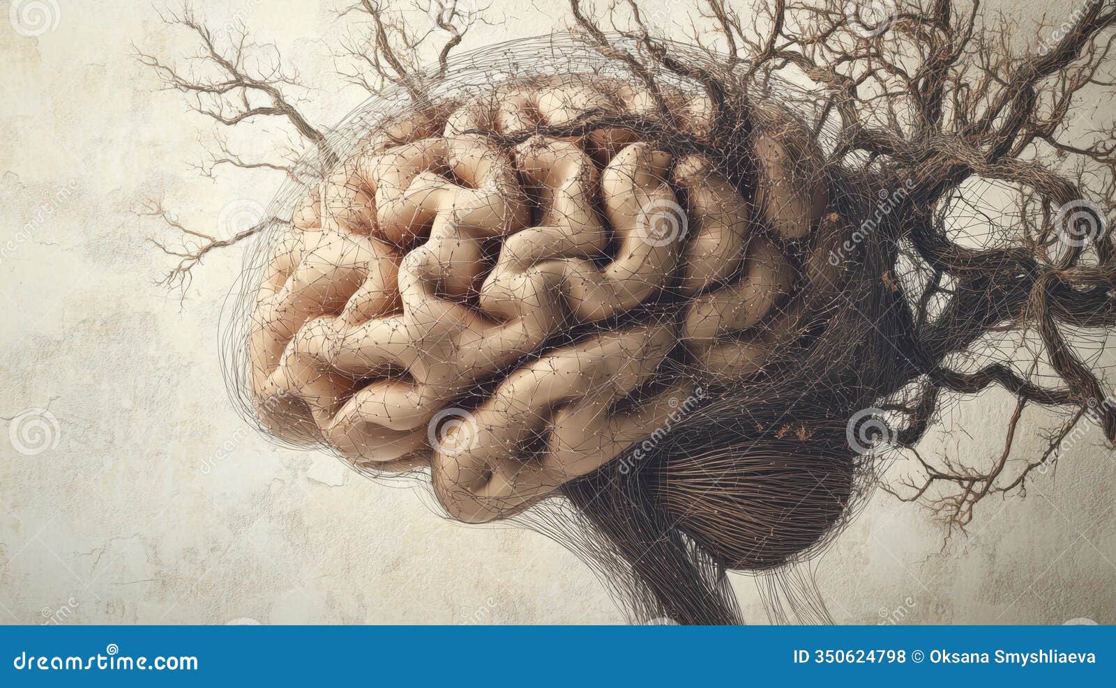 Abstract Human Brain with Tree Roots Connection on Textured Background ...