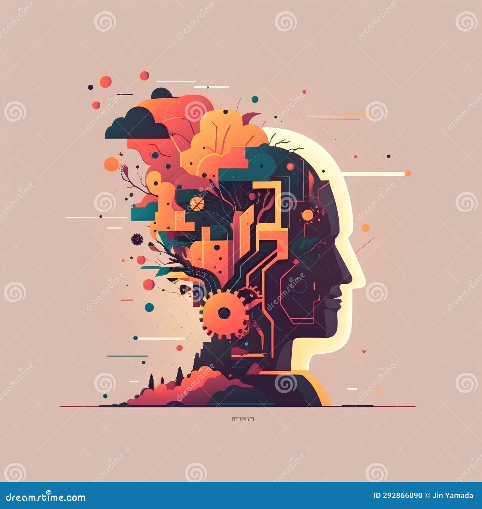 Abstract Human Head with Gears and Brain. Artificial Intelligence ...