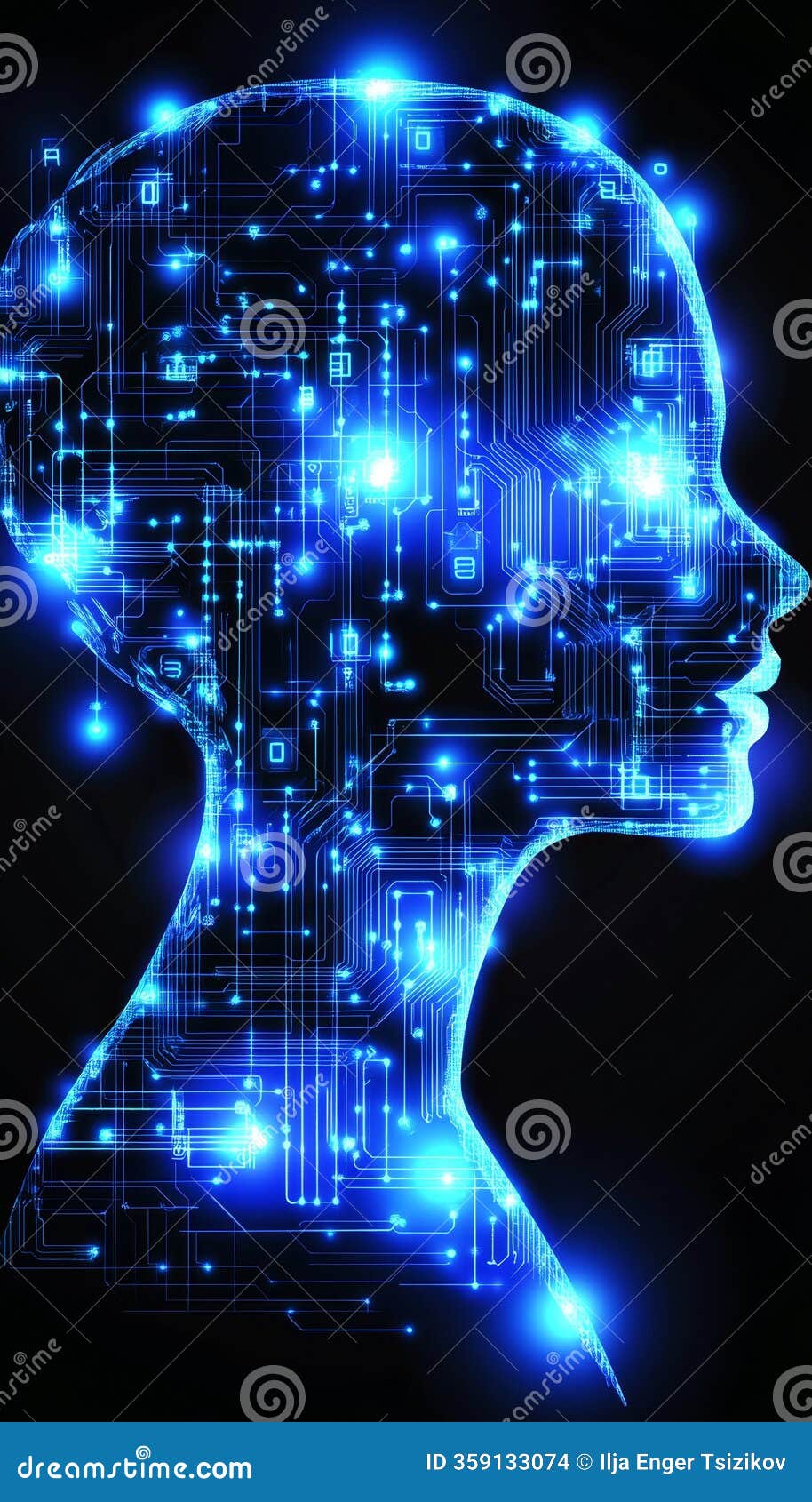 Abstract Human Head Profile Formed by Glowing Blue Circuitry and Binary Code on Dark Background ...