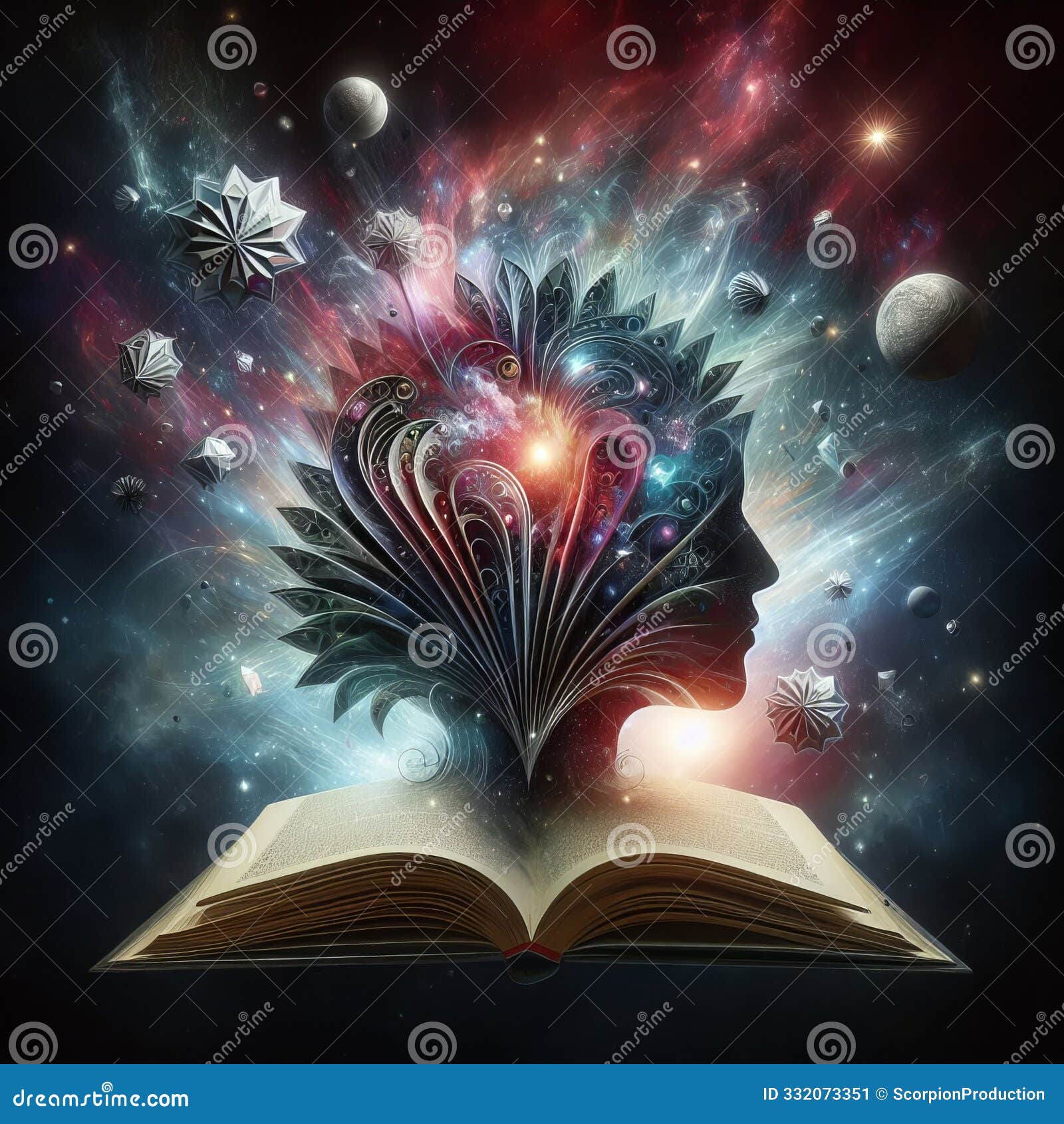 Abstract Human Mind Explosion with Book and Space Elements Stock Image ...