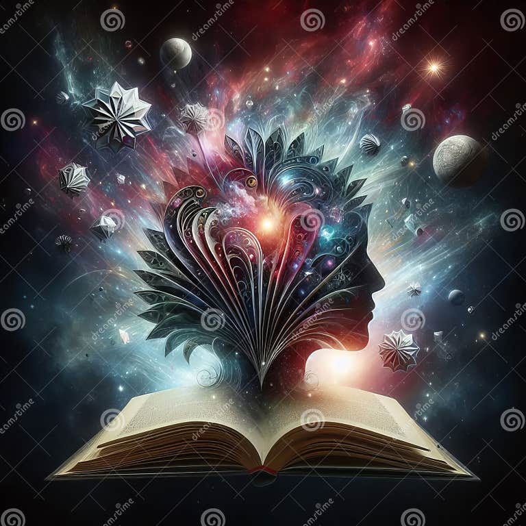 Abstract Human Mind Explosion with Book and Space Elements Stock Image ...