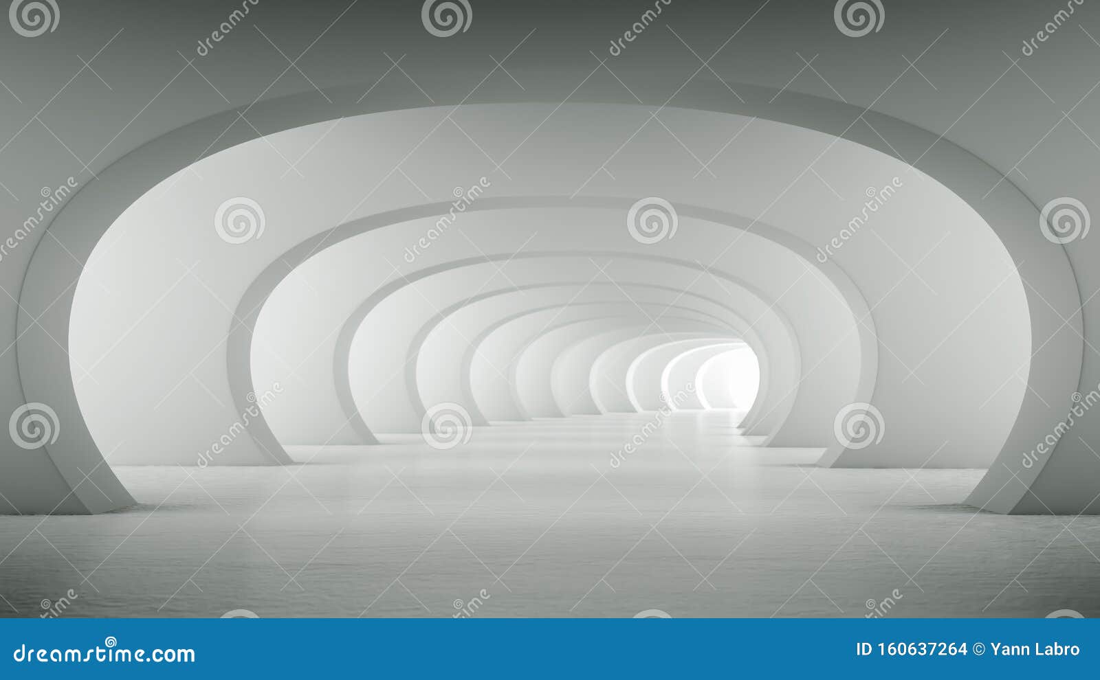 Abstract Illuminated Empty White Bent Corridor with Round Arches Stock ...