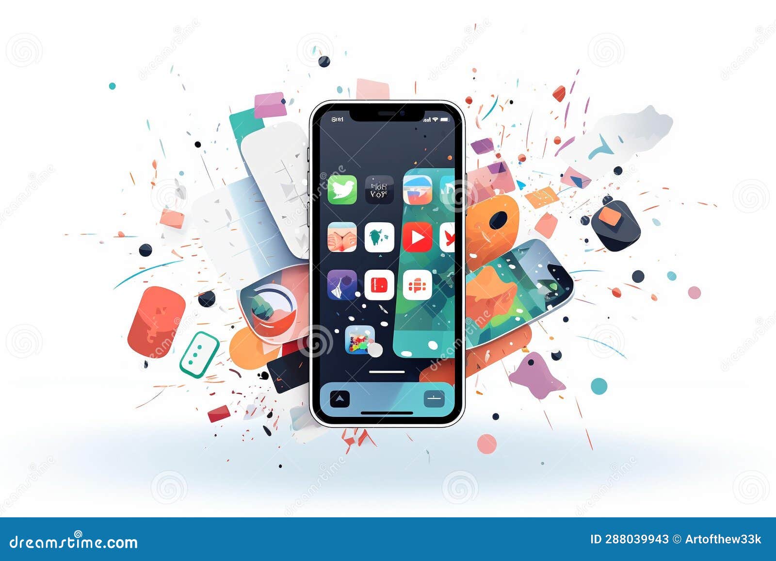 Abstract Flying Smartphone: Vibrant App Icons and Coding Symbols Stock ...