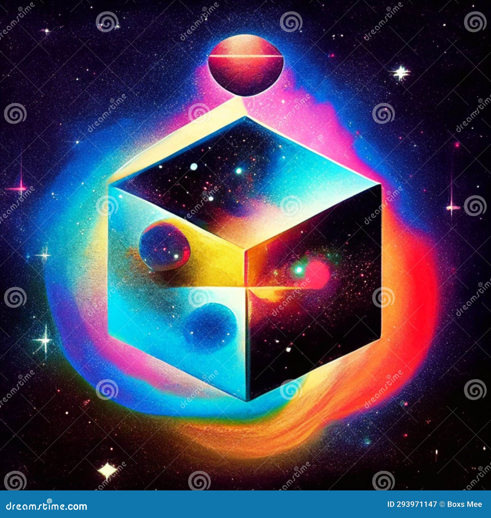 Abstract Illustration of a Cube in Space with Stars in the Background ...