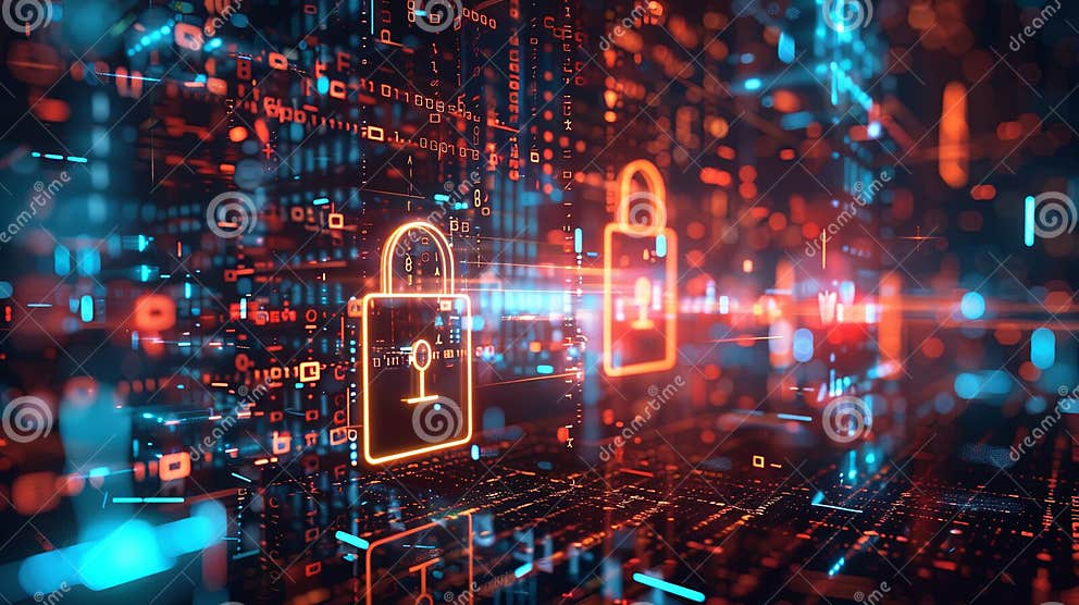An Abstract Illustration of Cybersecurity Elements, Such As Digital Locks, Shields, and Network ...