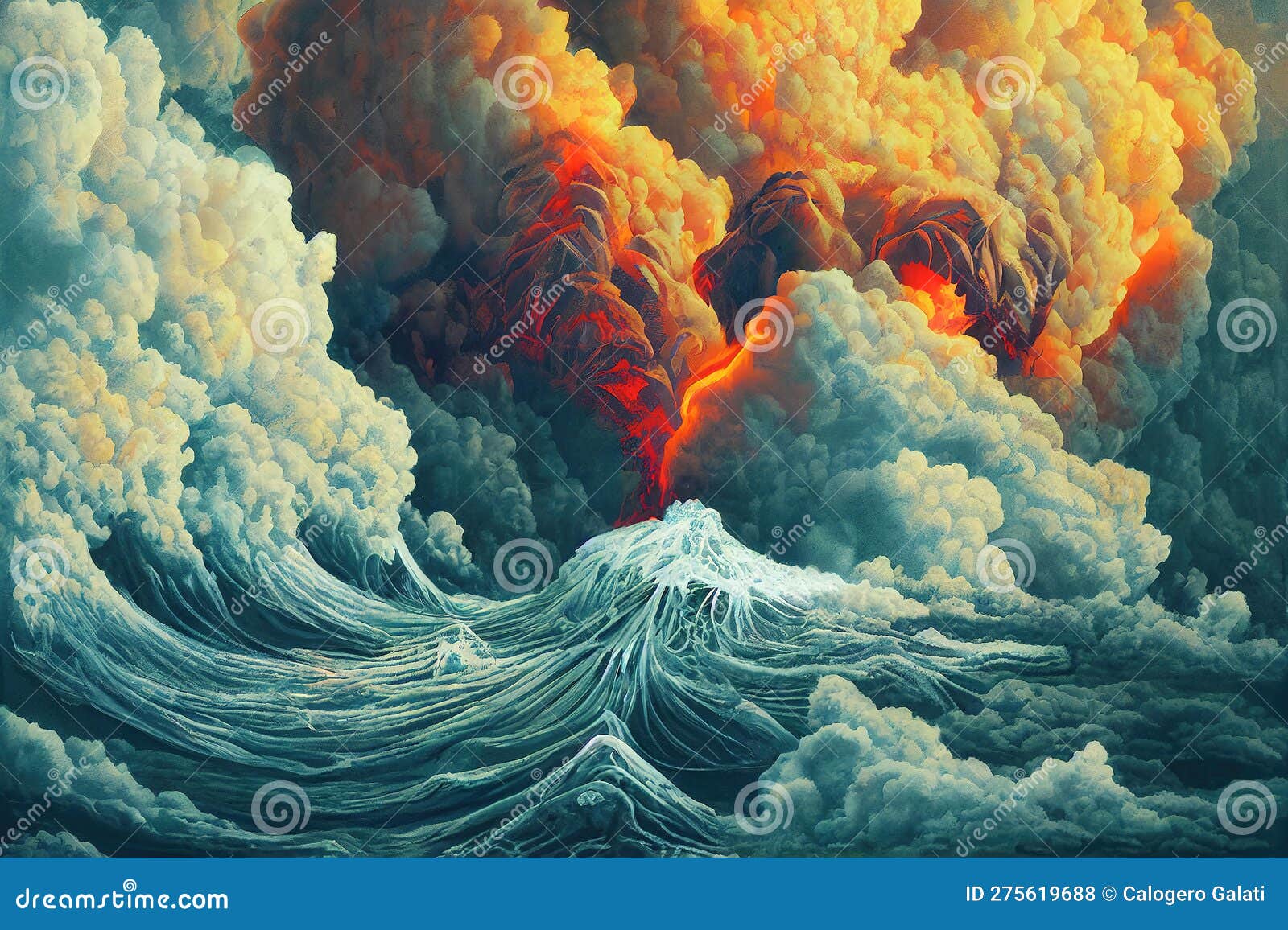 An Abstract Illustration of an Explosive Volcano Part with Heavy Waves ...