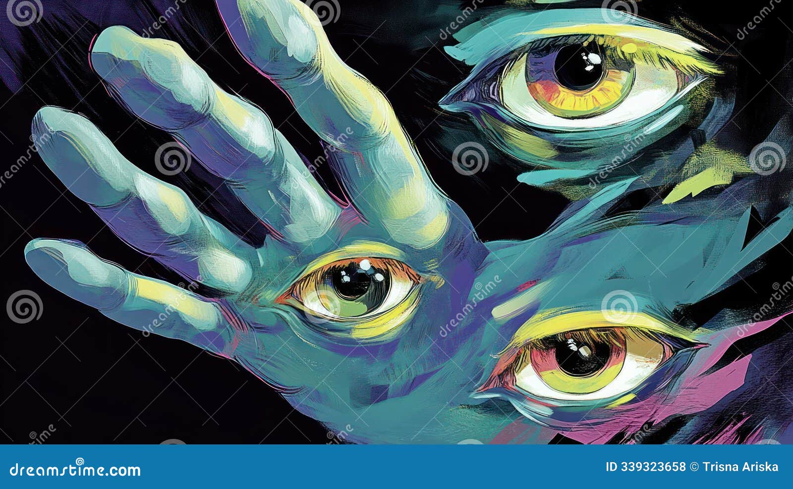 An Abstract Illustration Featuring a Hand and Multiple Eyes, Conveying ...
