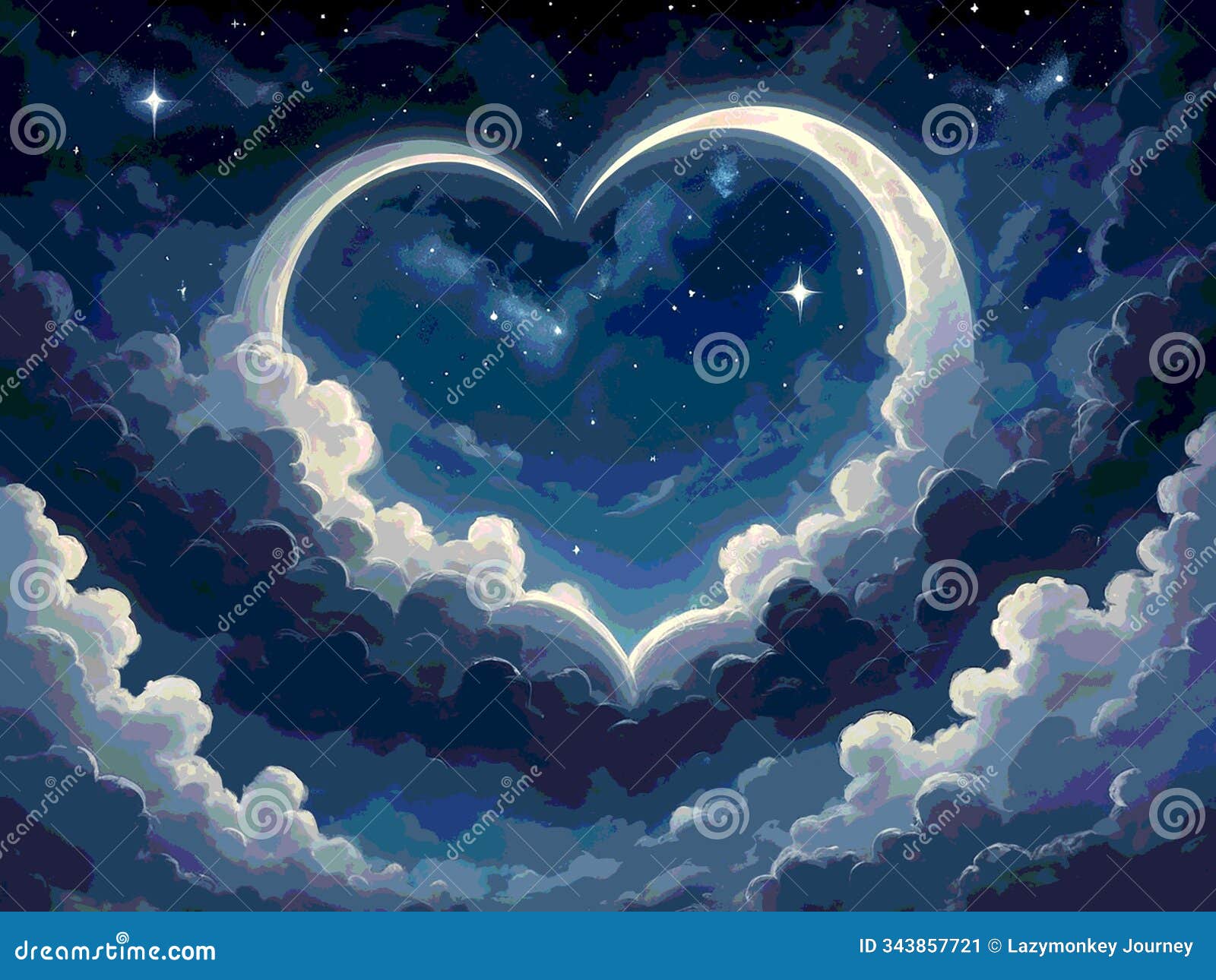 Abstract Illustration Heart Moon in Starry Night Clouds Background ...