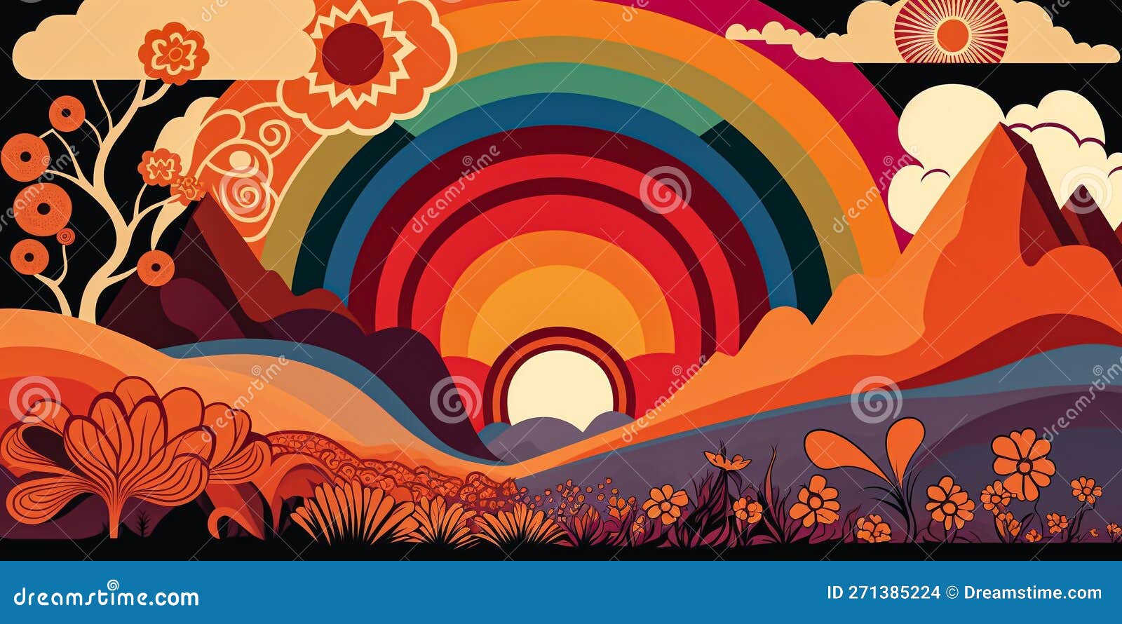 Landscape with a Sunset and a Rainbow Stock Illustration - Illustration of grass, vector: 271385224