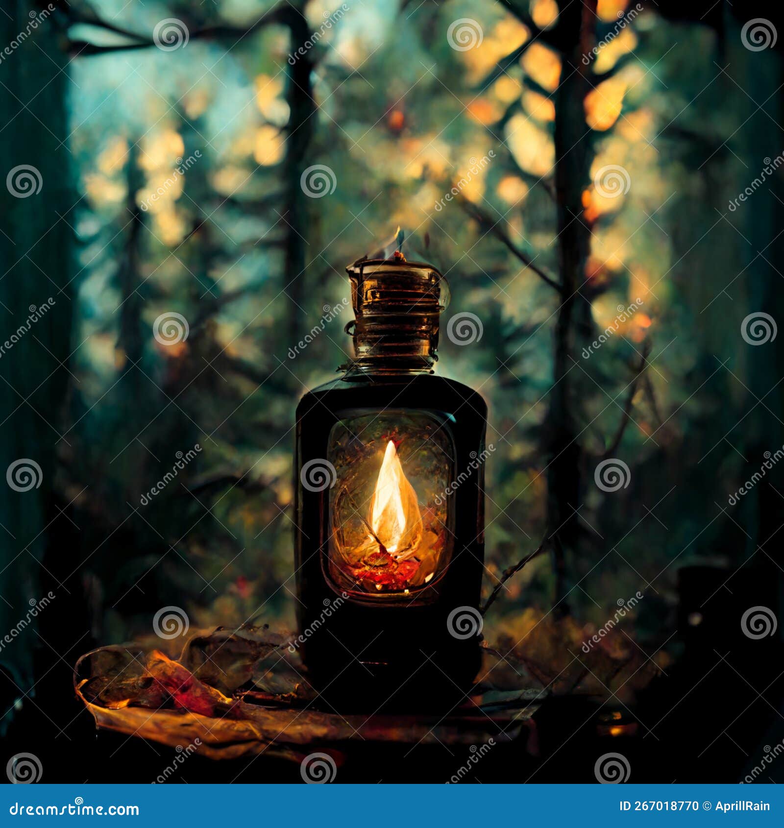 Abstract Illustration of an Oil Lamp in the Forest Stock Illustration ...