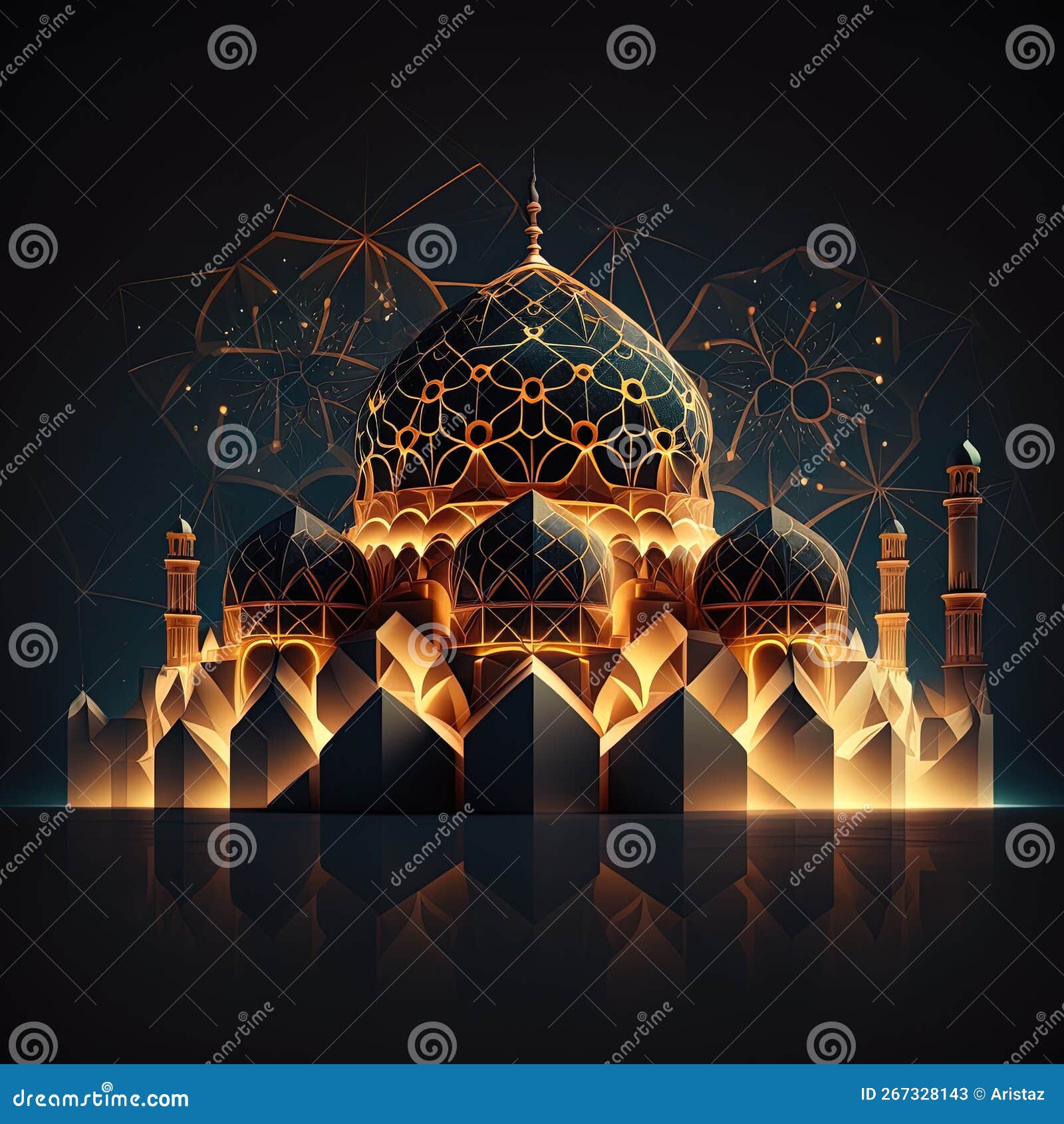 Isolate Mosque Illustrations with Dark Background and Glowing Light and ...
