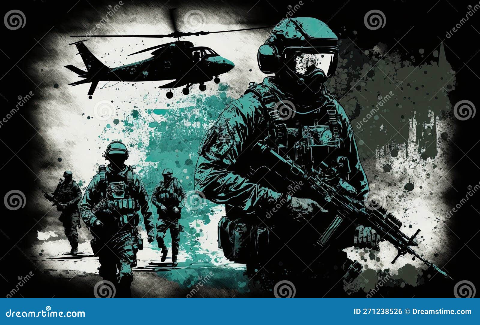 Abstract Illustration of a Squad of Soldiers and an Attack Helicopter ...