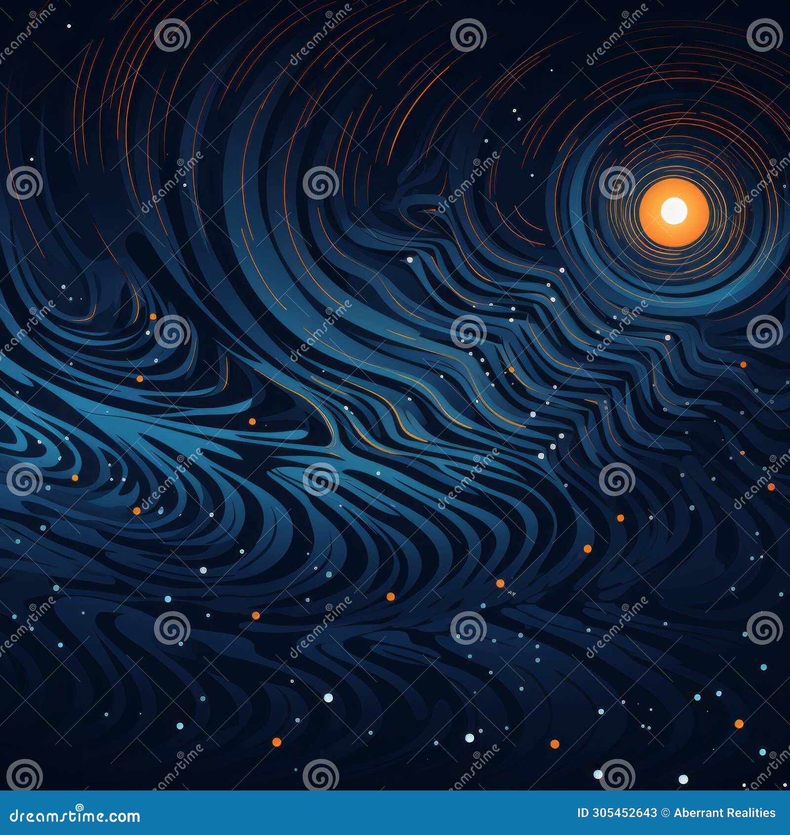 An Abstract Illustration of a Starry Night Sky with Swirls and Waves ...