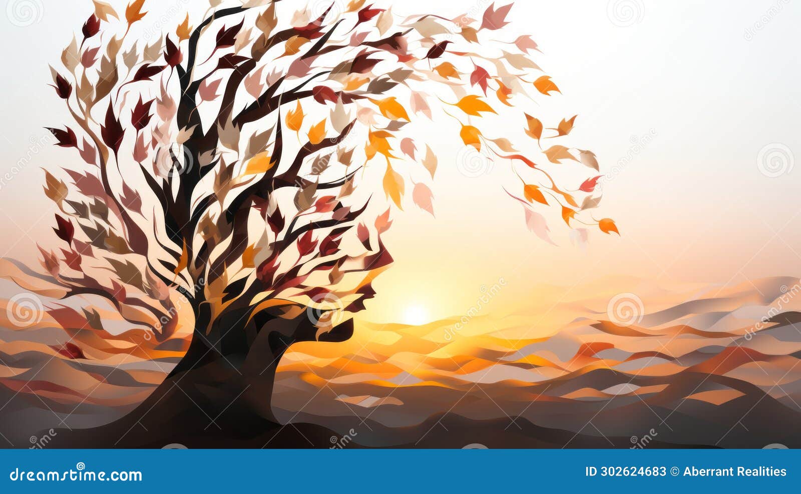 An Abstract Illustration of a Tree with Leaves Blowing in the Wind ...