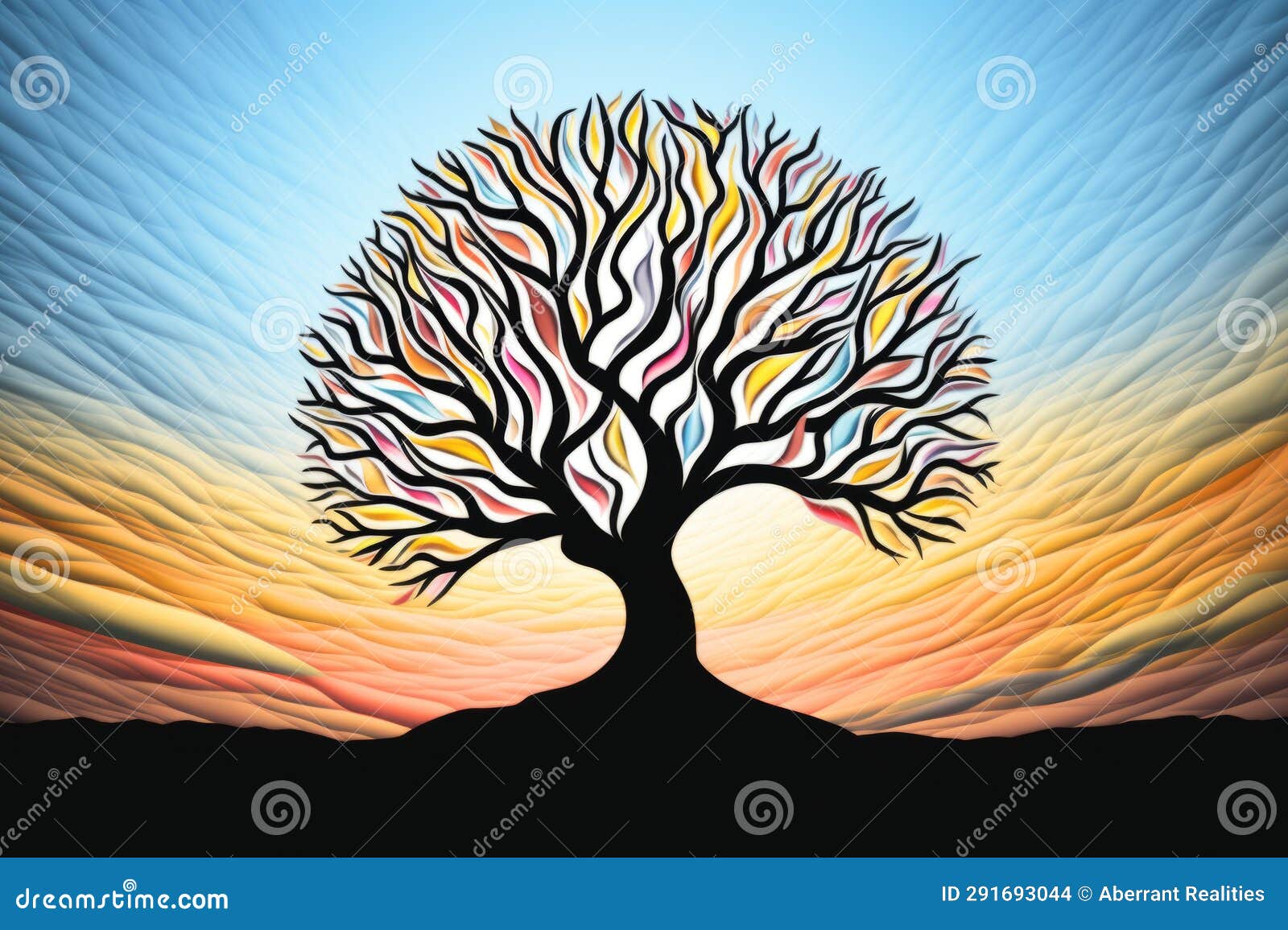 An Abstract Illustration of a Tree with a Sunset in the Background ...