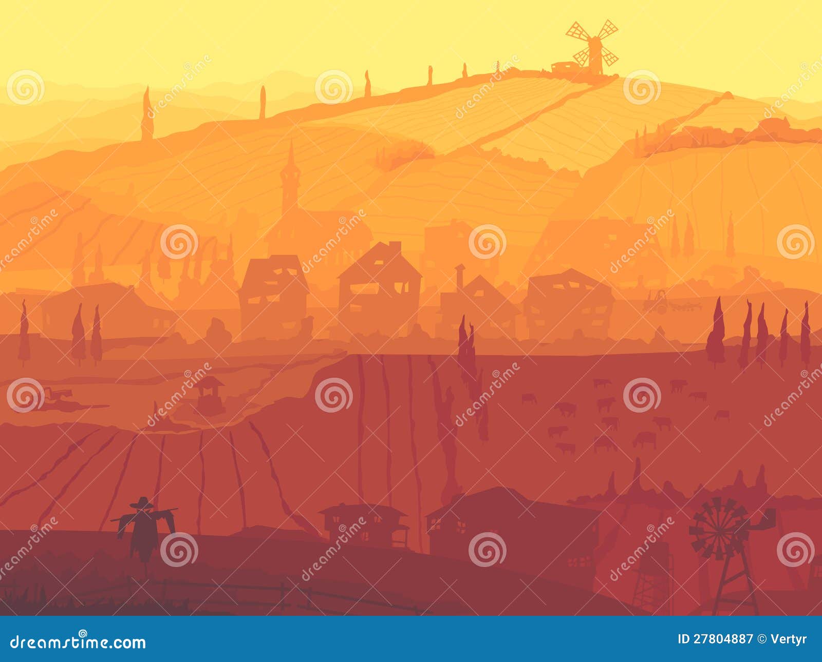 Abstract Illustration of Village in Sunset. Stock Vector - Illustration ...