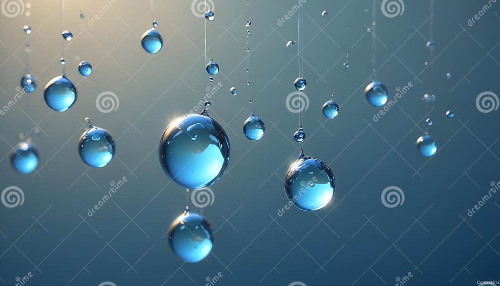 An Abstract Image of Blue Water Droplets Hanging from Strings Against a ...