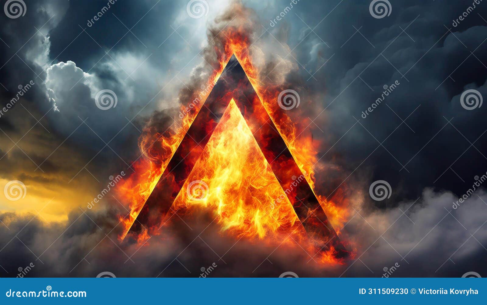 Abstract Image of Burning Triangle Shape in Dark Clouds. Hot Orange ...