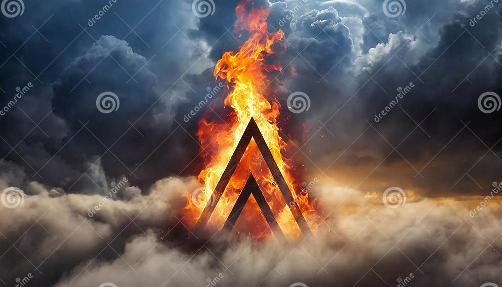 Abstract Image of Burning Triangle Shape in Dark Clouds. Hot Orange ...