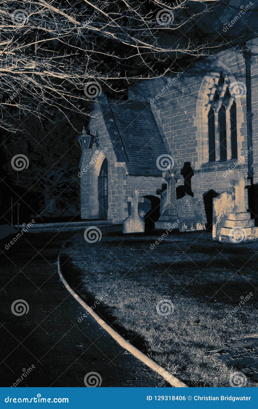 Abstract Image of a Church and Graveyard at Night Stock Photo - Image ...