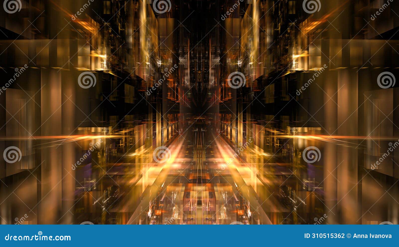 Abstract Image with a Deep Perspective of Golden Light and Mirrored ...