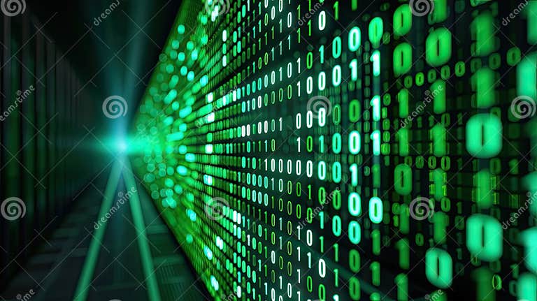 Abstract Image of a Digital Data Stream with Green Binary Code in Motion, Representing ...