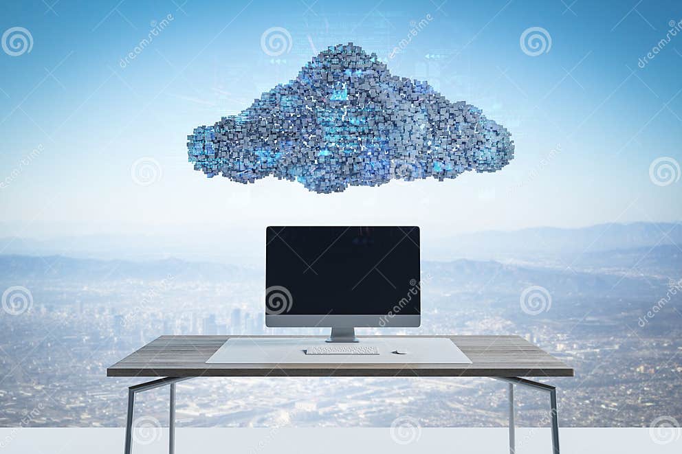 Abstract Image of Empty Computer Placed on Desk Under Digital Cloud ...