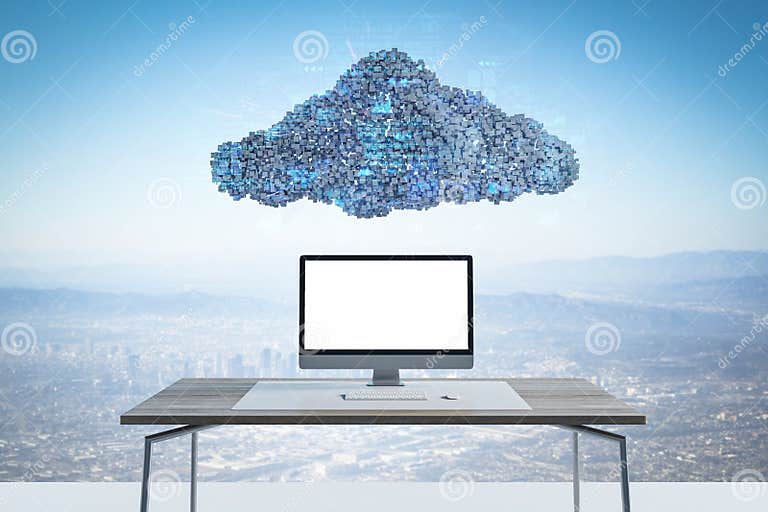 Abstract Image of Empty White Computer Placed on Desk Under Digital ...