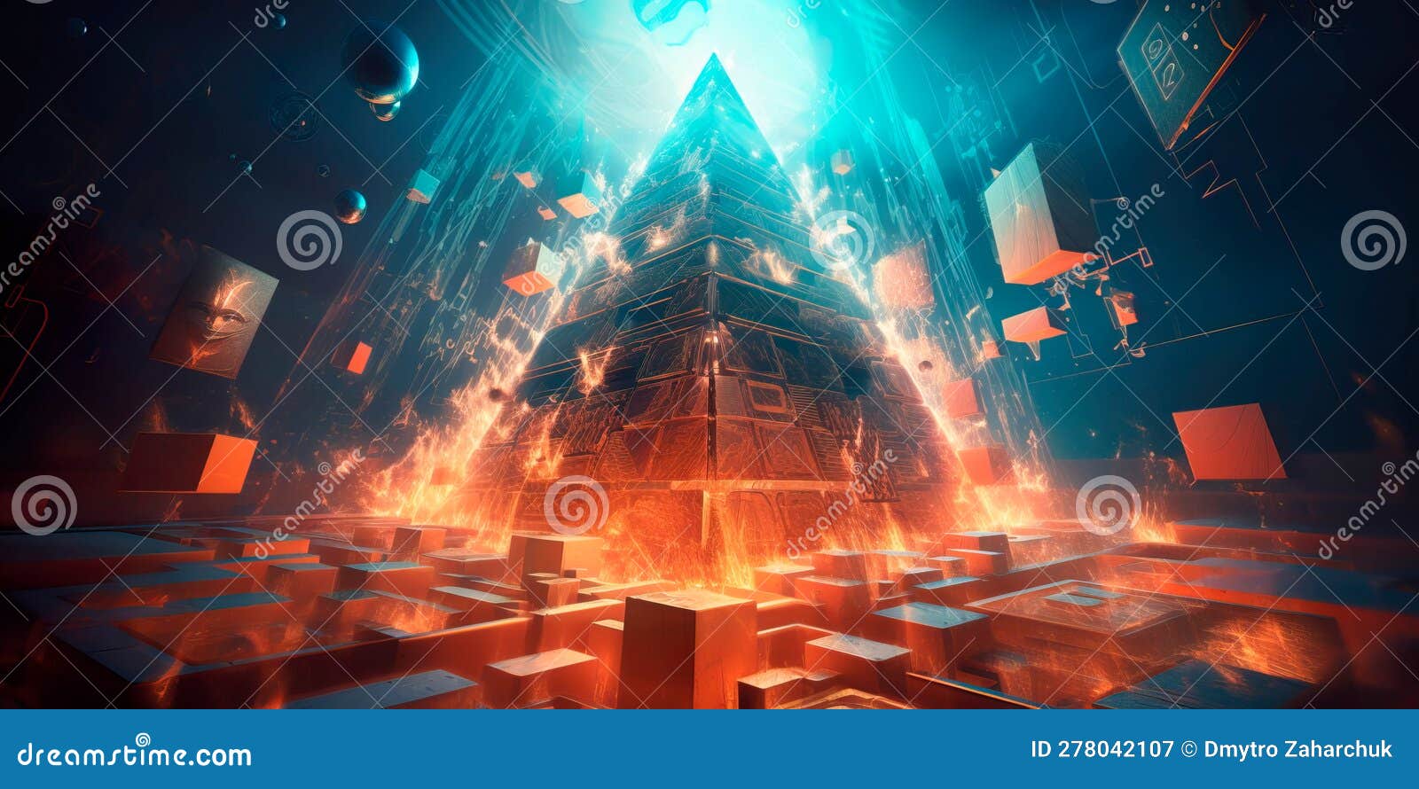 Abstract Image Featuring a Glowing, Multidimensional Pyramid Surrounded ...