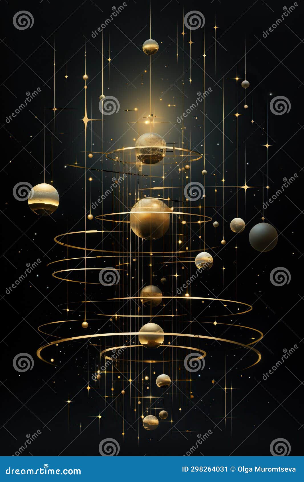 An Abstract Image with Golden Spheres and Orbits on a Black Background ...