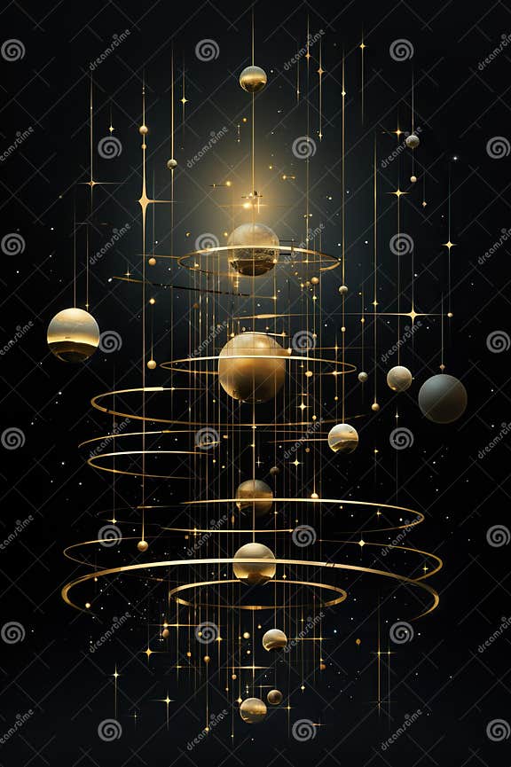 An Abstract Image with Golden Spheres and Orbits on a Black Background ...