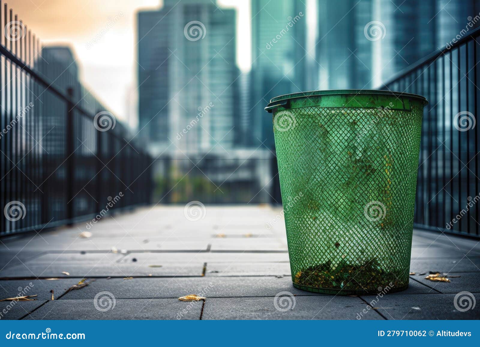Abstract Image of a Green Recycling Bin Against an Urban Background ...