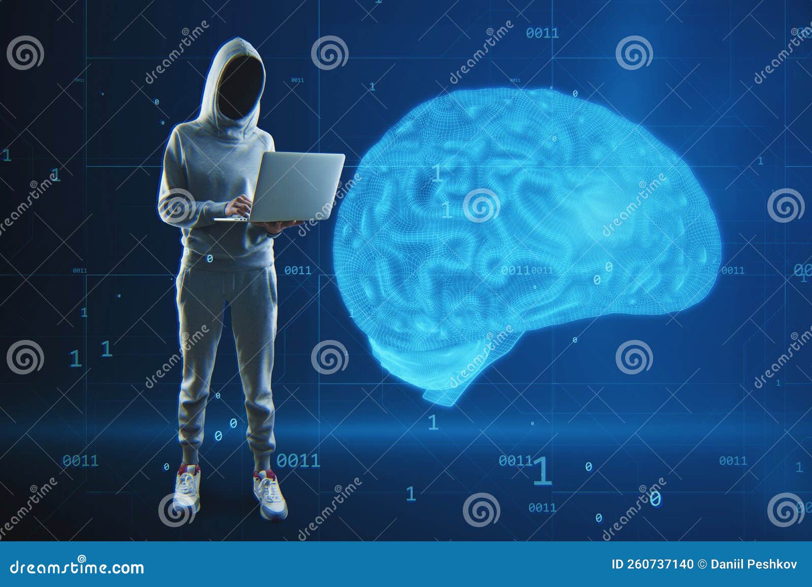 Abstract Image of Hacker with Laptop Computer and Creative Blue Brain ...