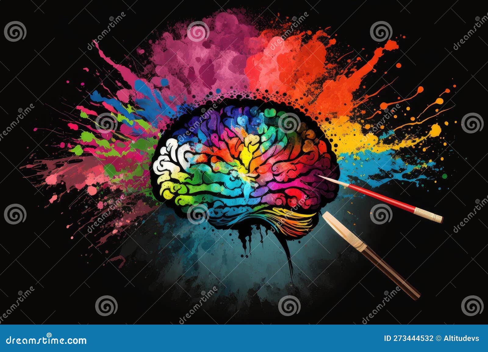 Abstract Image of Human Brain with Rainbow Brush Strokes in Circle ...