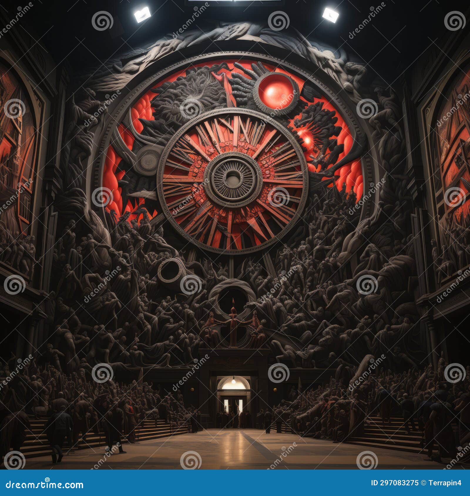 Abstract Image of an Imposing Red and Black Gothic Clockwork-like Wall ...