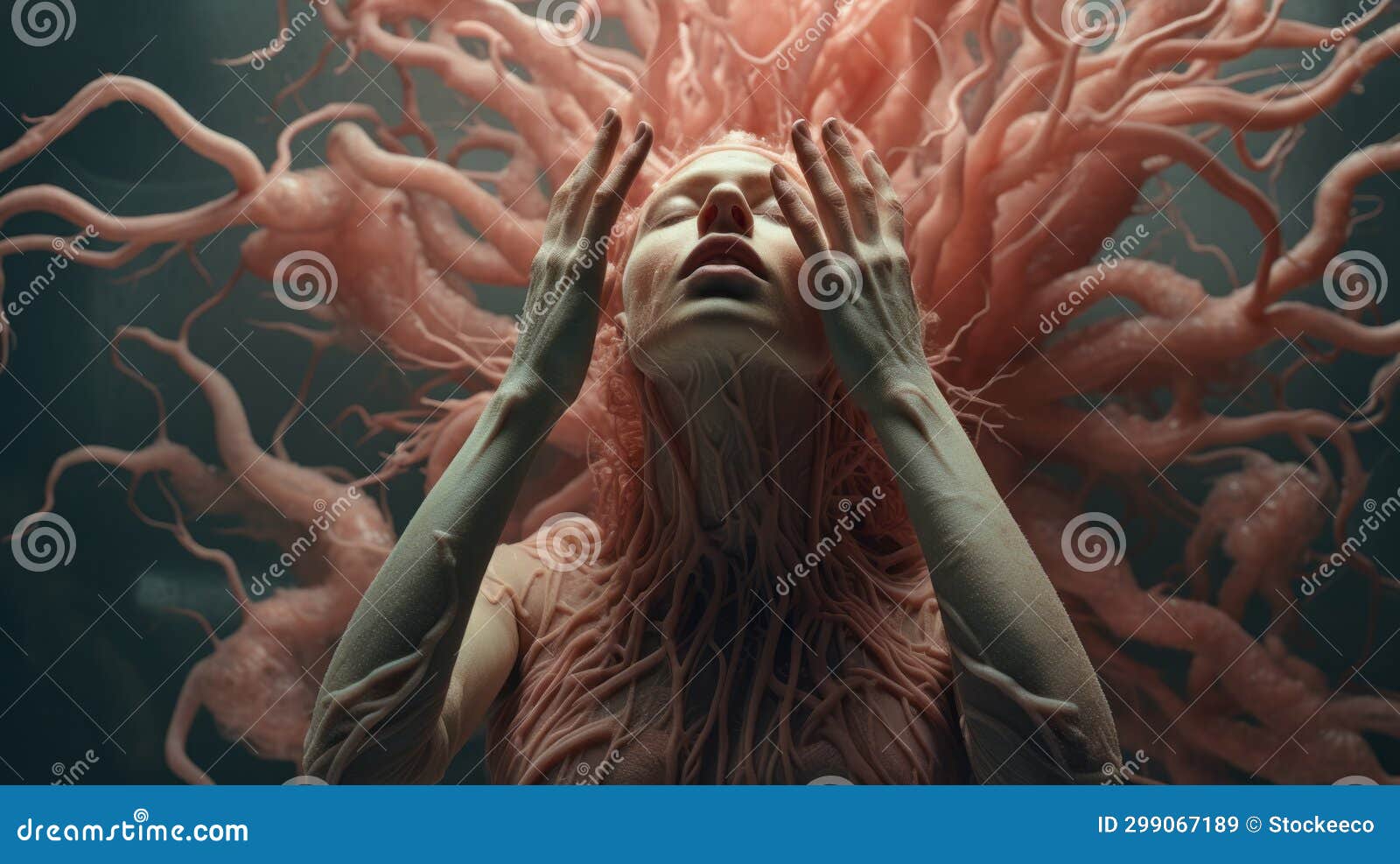 Intricate Rendered Art: Woman Holding Pink Tube Over Tentacle Stock ...
