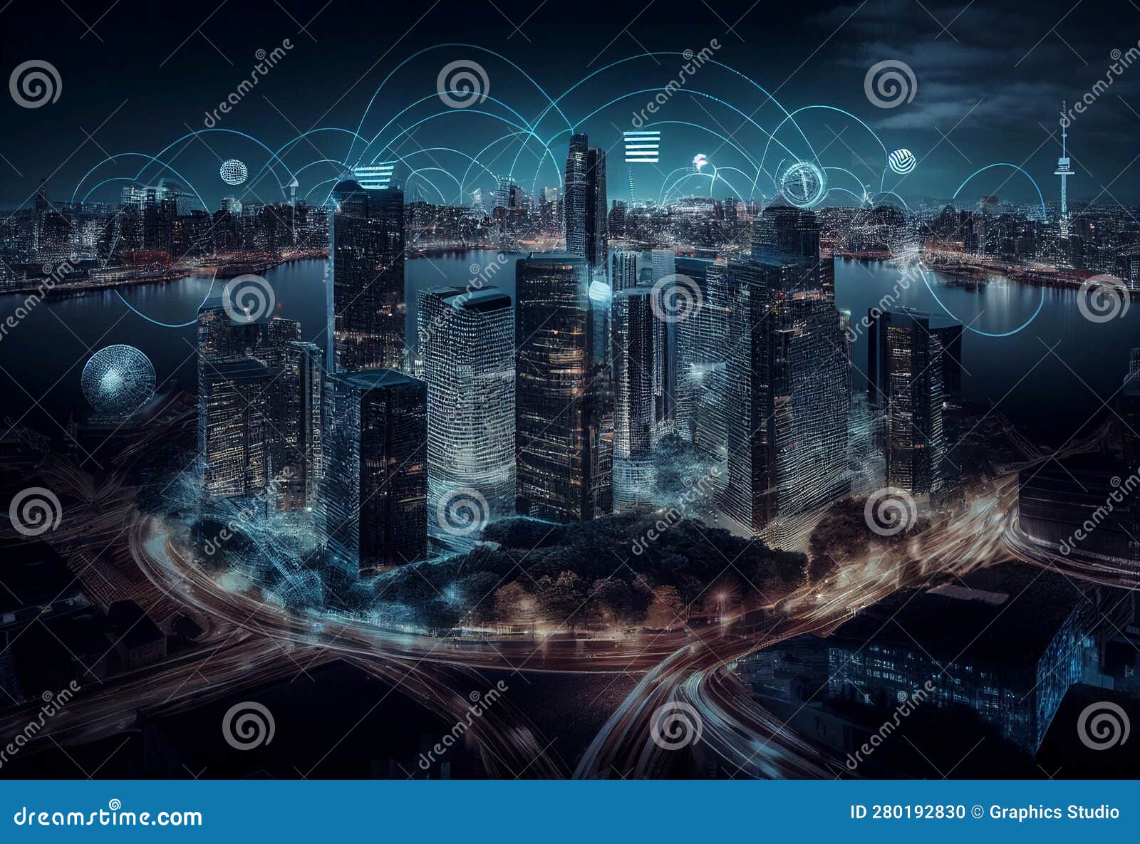 Abstract Image of Modern City and Network Connection Concept. 3D ...