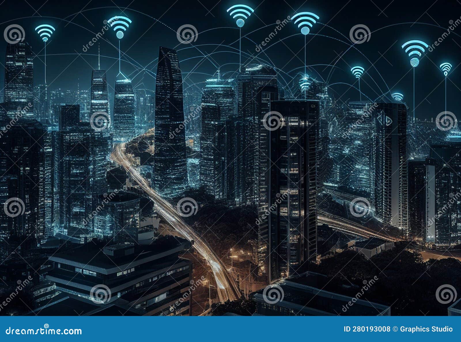Abstract Image of Modern City and Network Connection Concept. 3D ...
