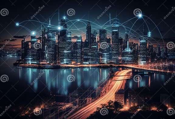Abstract Image of Modern City and Network Connection Concept. 3D ...