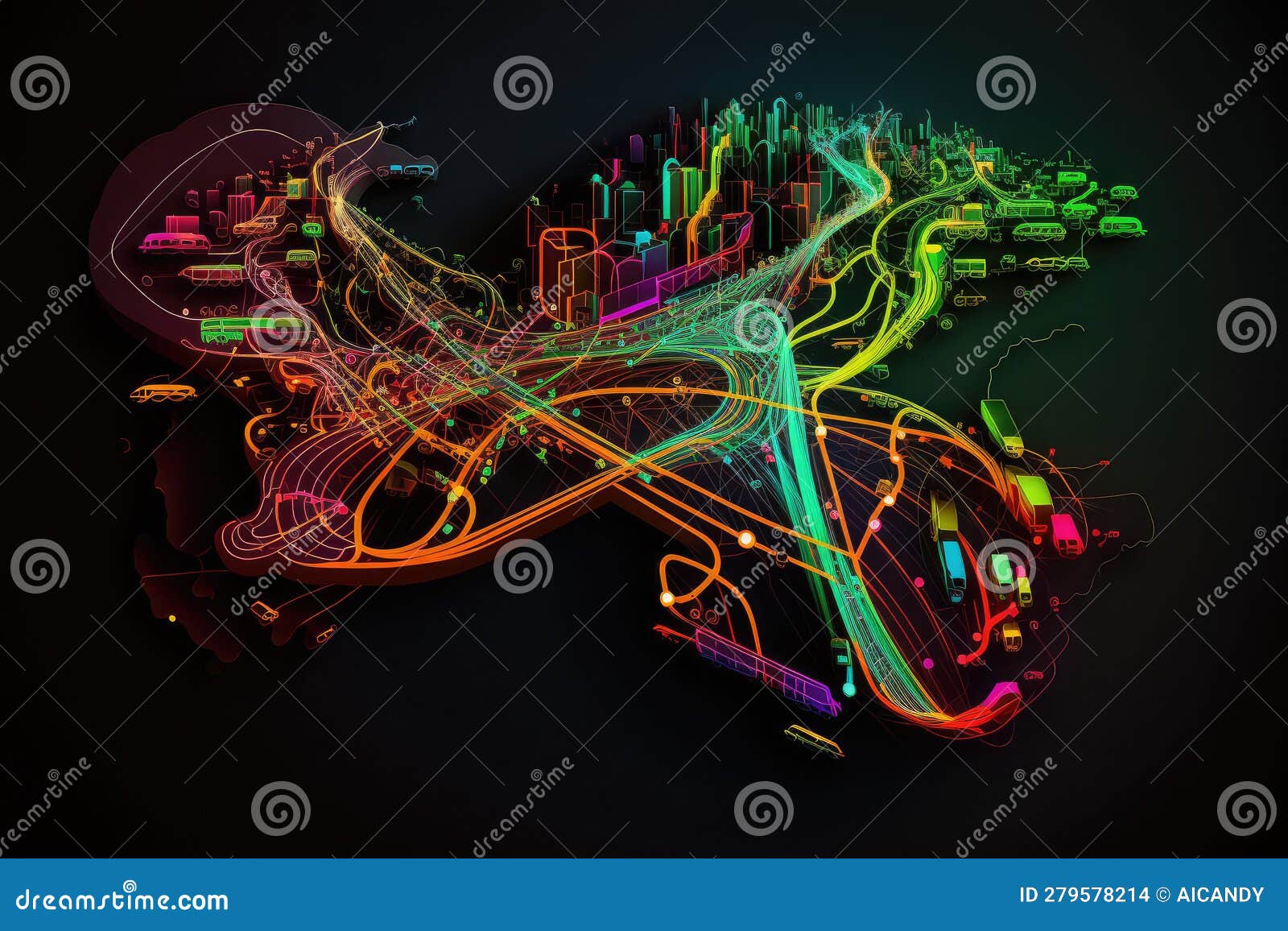 Abstract Image of a Neon-colored Map with Different Transportation ...