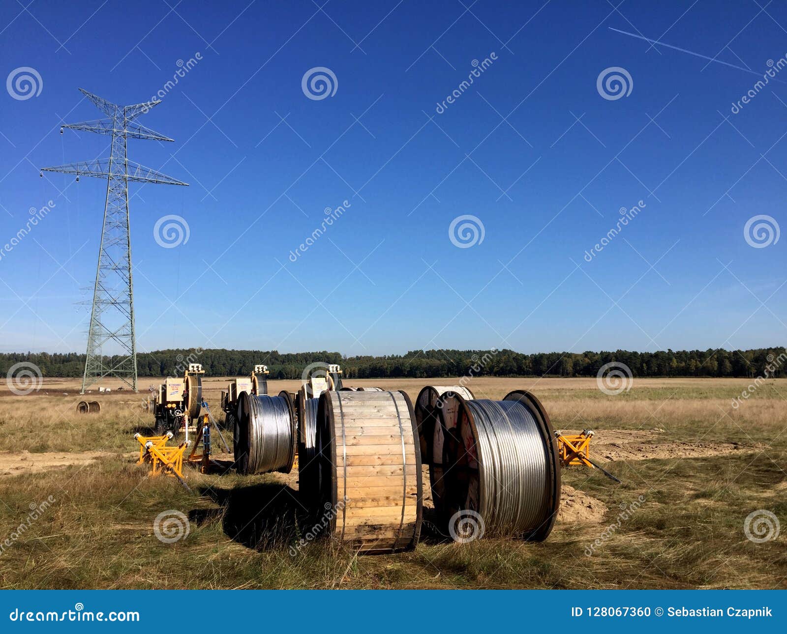 Power Lines Installation, New Line Being Constructed Stock Photo ...