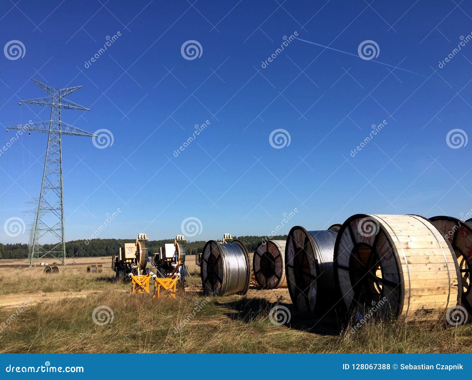 Power Lines Installation, New Line Being Constructed Stock Photo ...