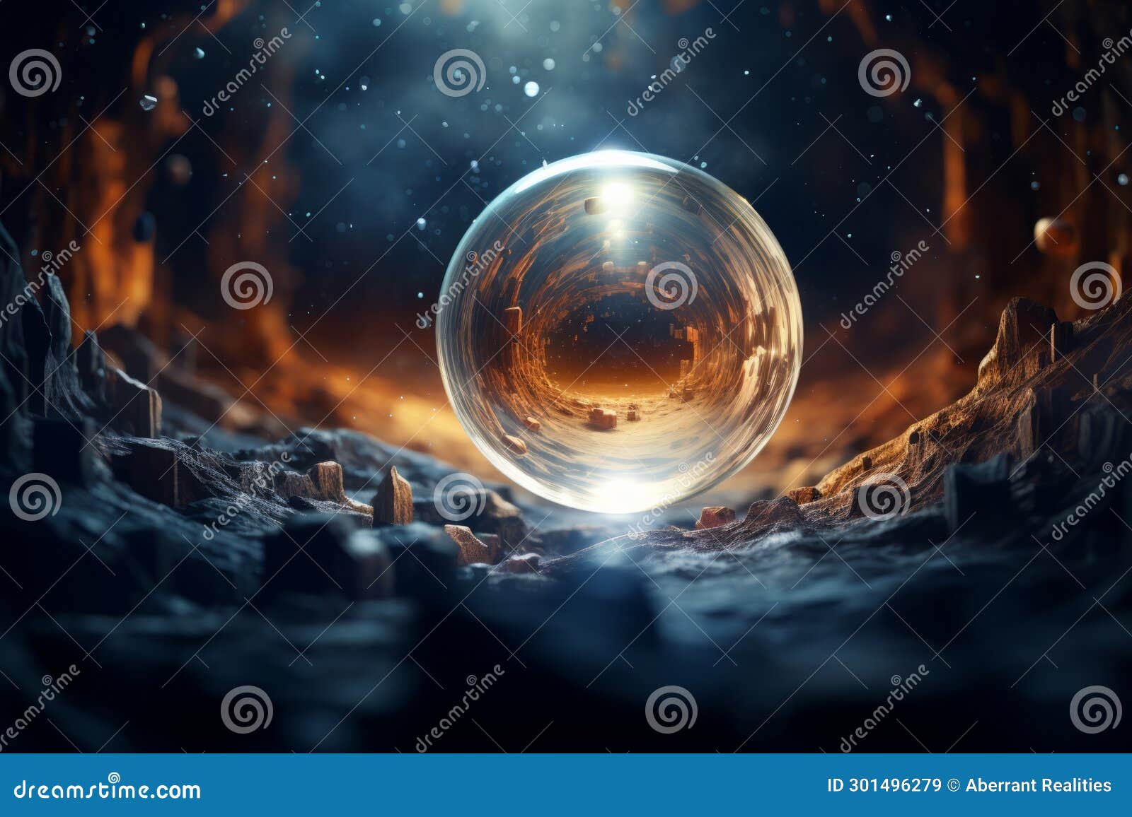 An Abstract Image of a Sphere in a Dark Cave Stock Illustration ...