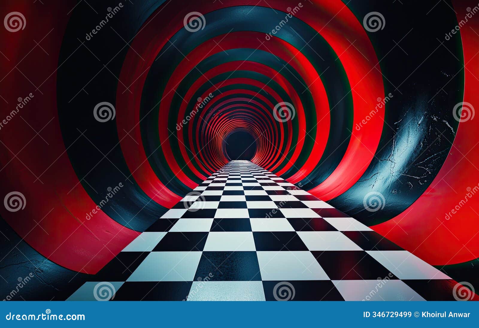Abstract Image of a Tunnel with Red and Black Checkerboard Floor ...