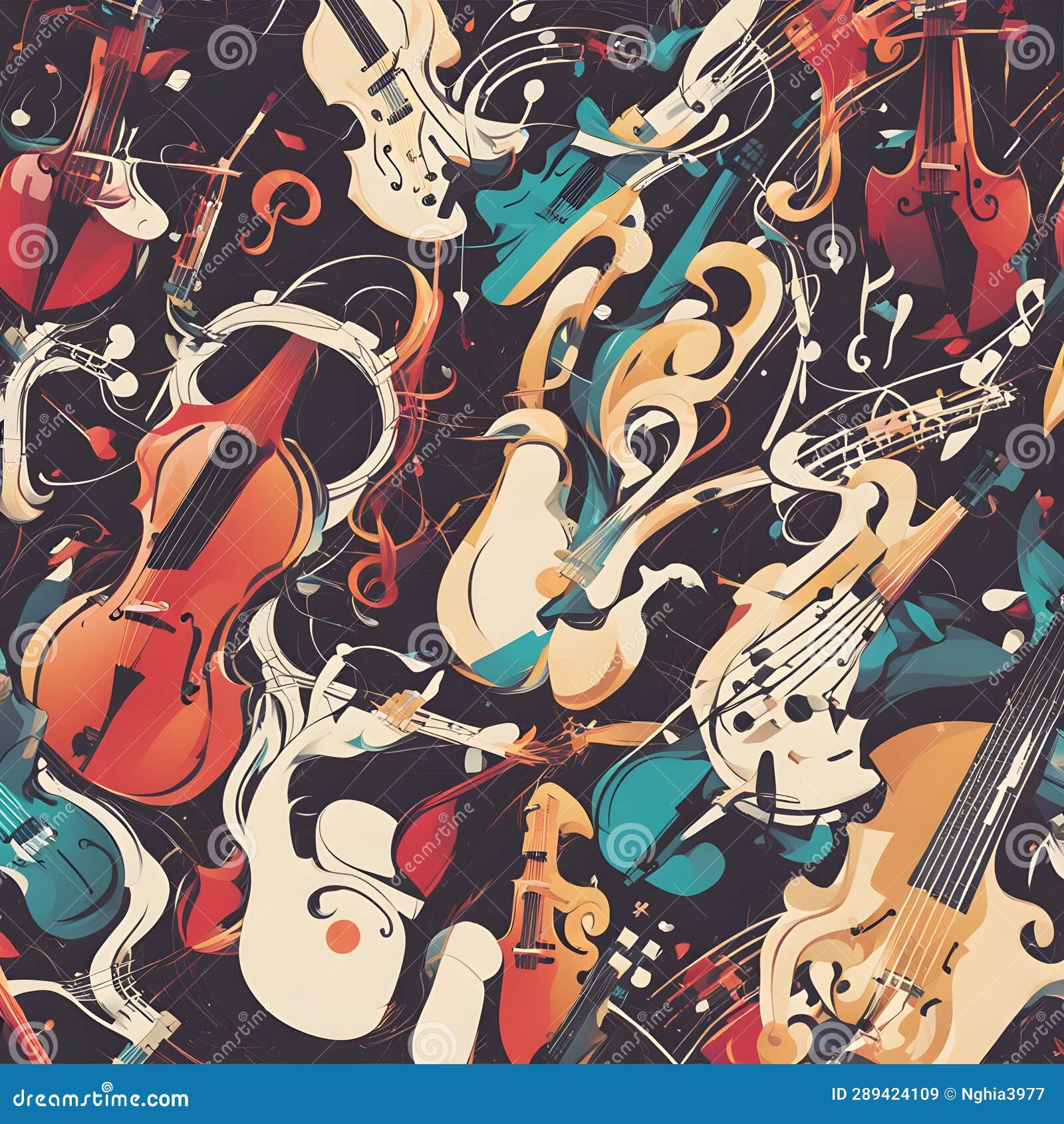 Various Stringed Instruments in Different Colors and Styles Represents ...