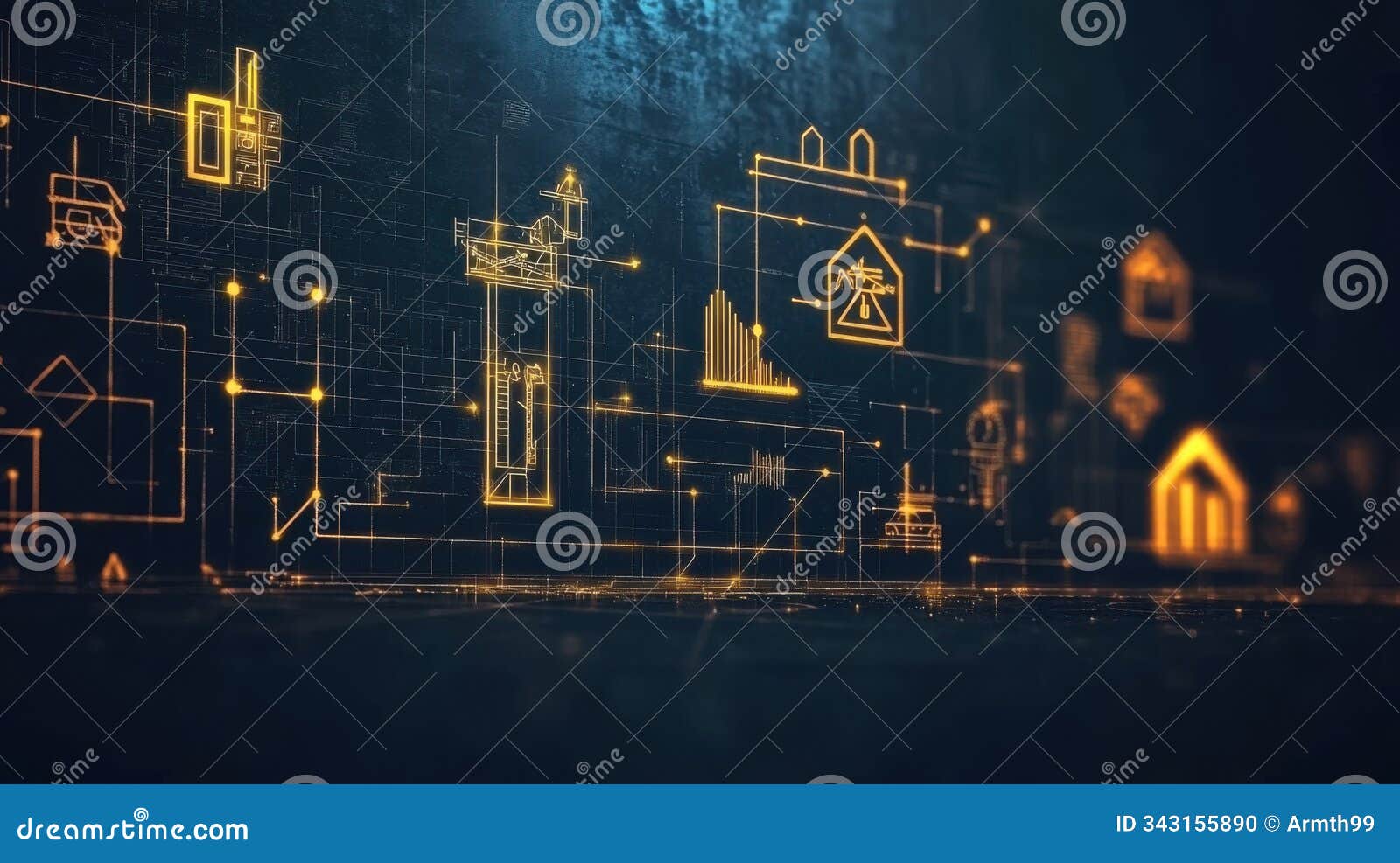 Abstract Industrial Background with Glowing Buildings and Construction ...