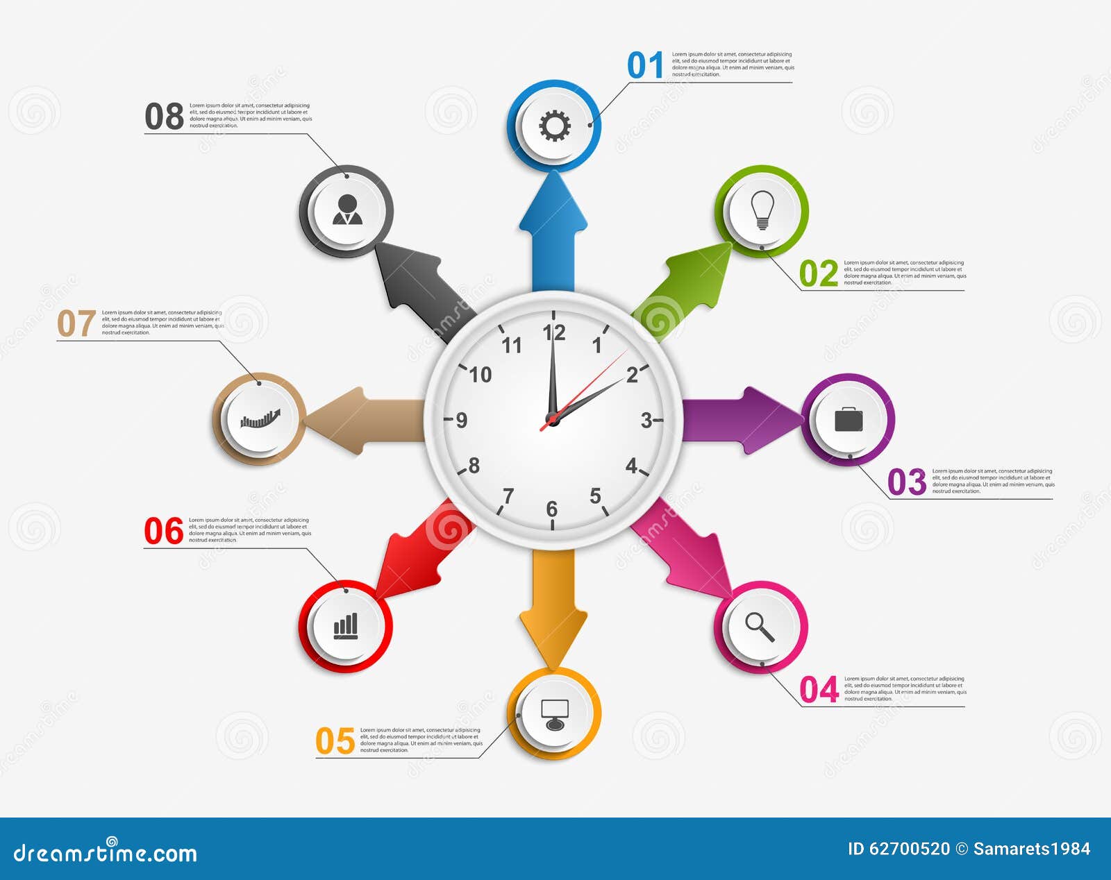 Abstract Infographic with Arrows and Clock in the Centre. Design ...