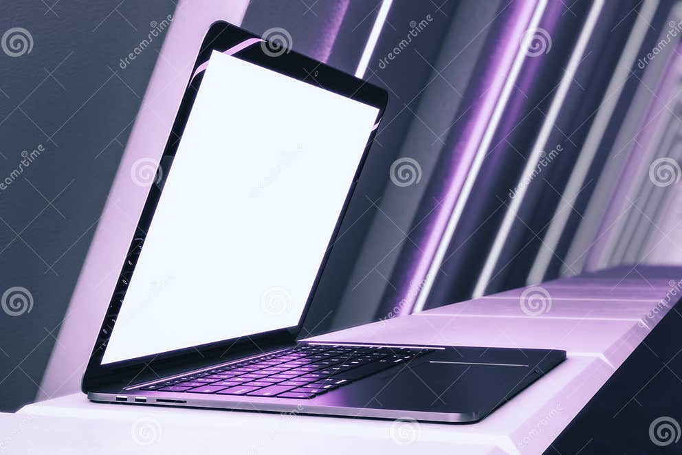 Abstract Interior with Laptop Computer and Luminous Triangle Corridor ...